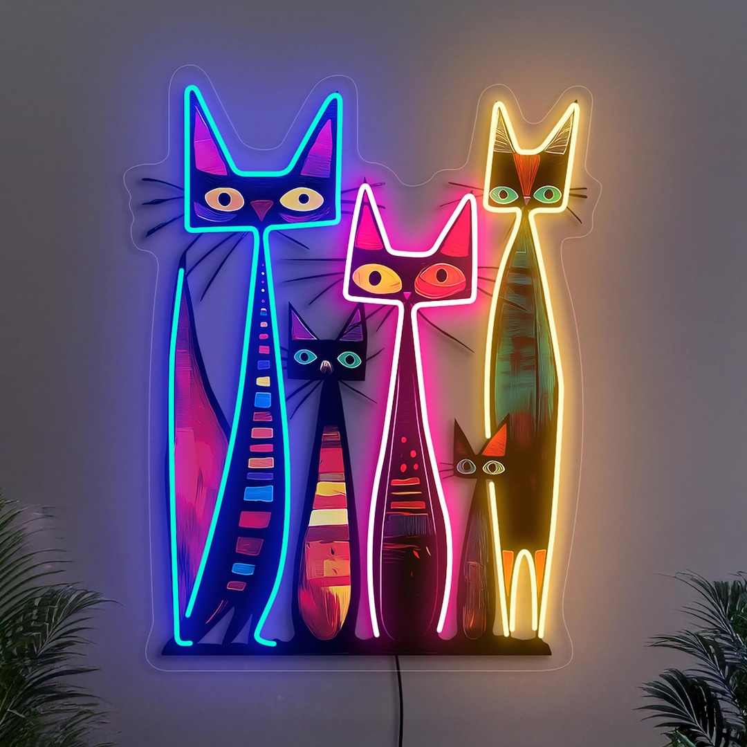 Cats Neon Sign, Cat Family Neon Sign, Abstract Cats Print Artwork ...