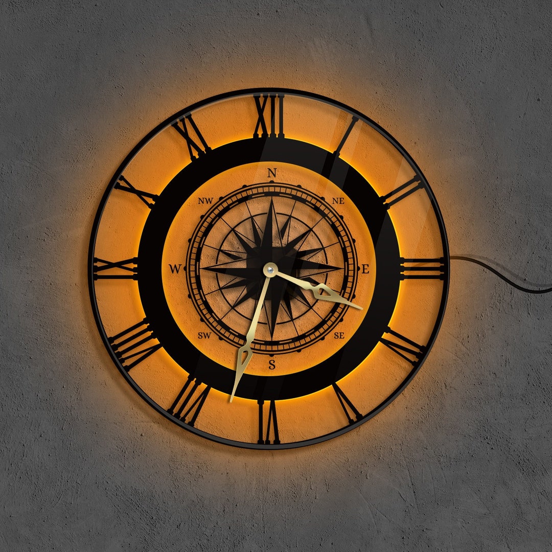 Wall Clock With Led Light, Unique Wall Clock With Numbers, Compass Wall ...