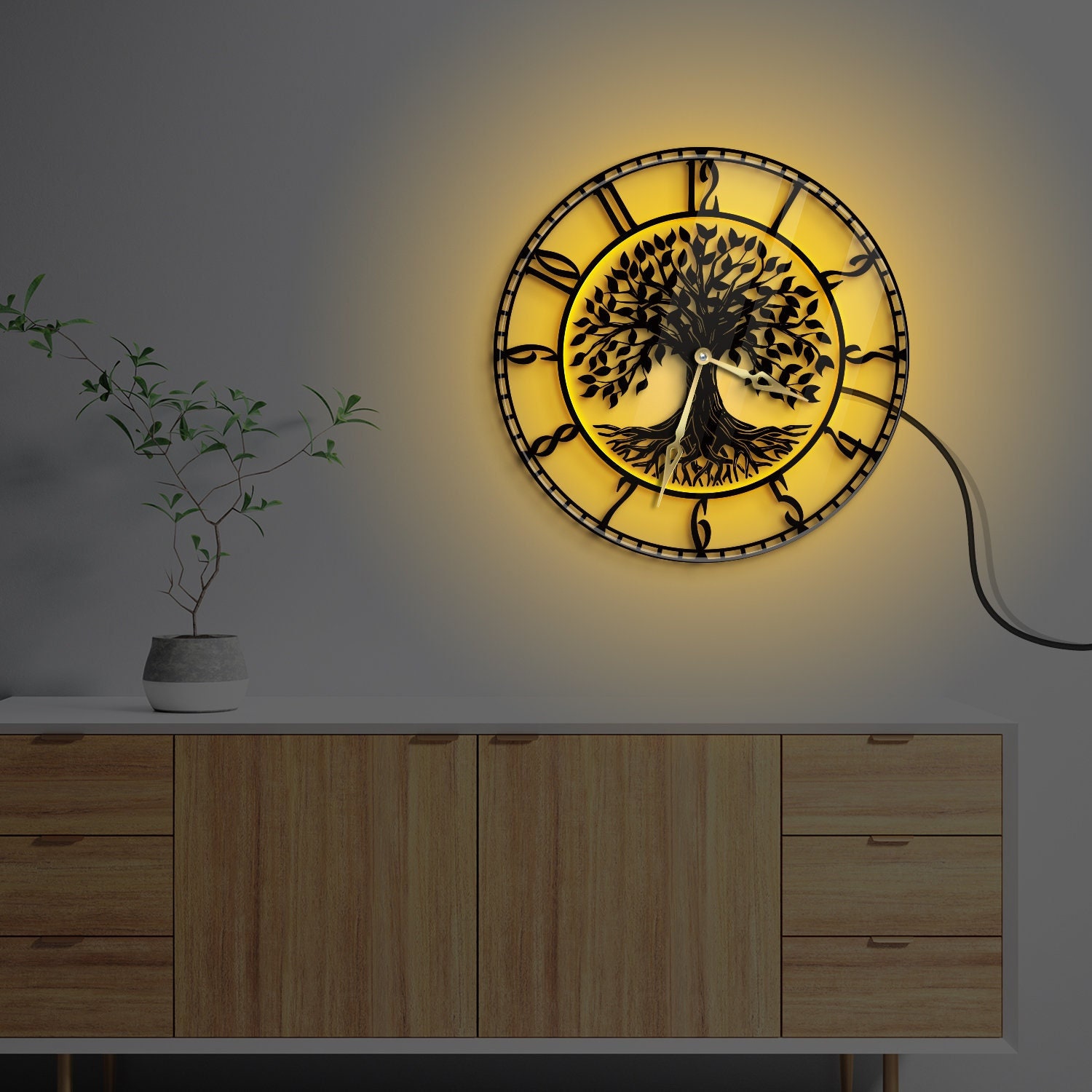 Tree of Life Wall Clock, Yellow Wall Clock, Wall Clock With Led Light ...