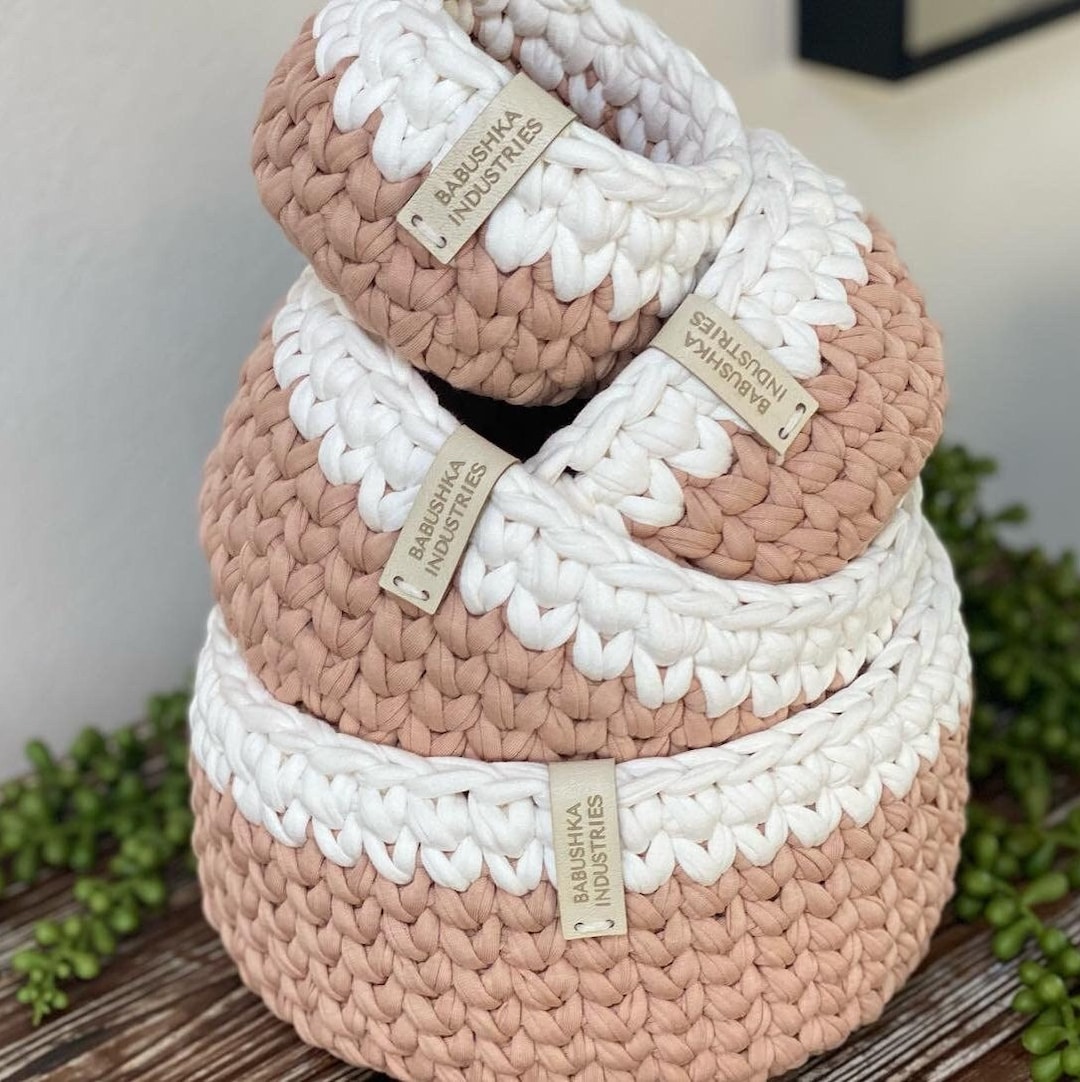Tan & White Crochet Baskets - Etsy