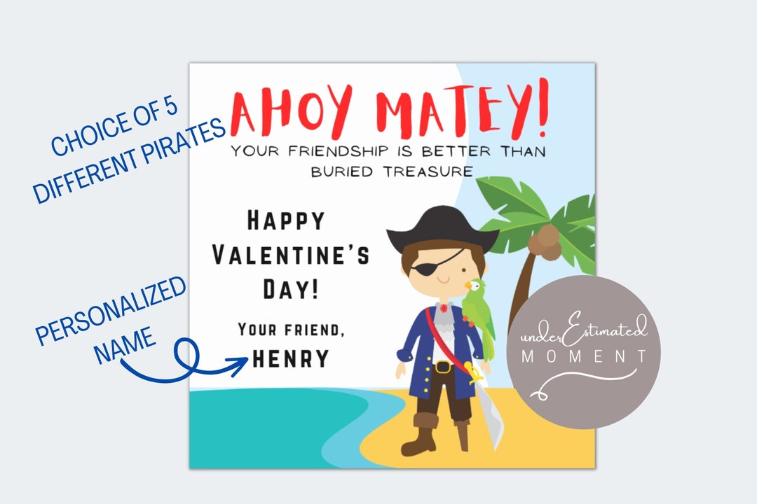 Pirate Valentine Cards, Ahoy Matey Kids Valentine Card, School ...