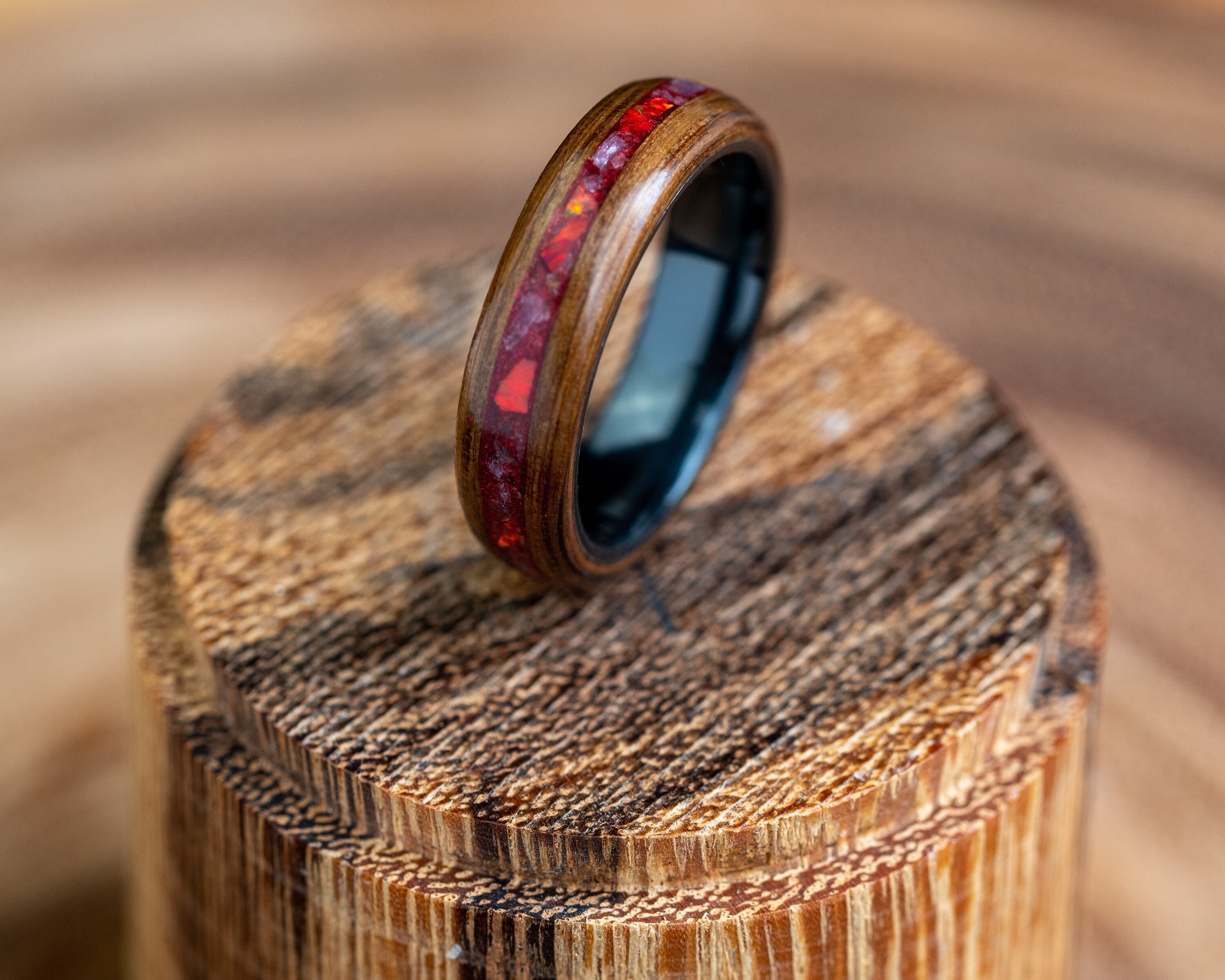 Handmade Etimoe Wood Ring – Ruby Inlay, Ceramic Core - Etsy