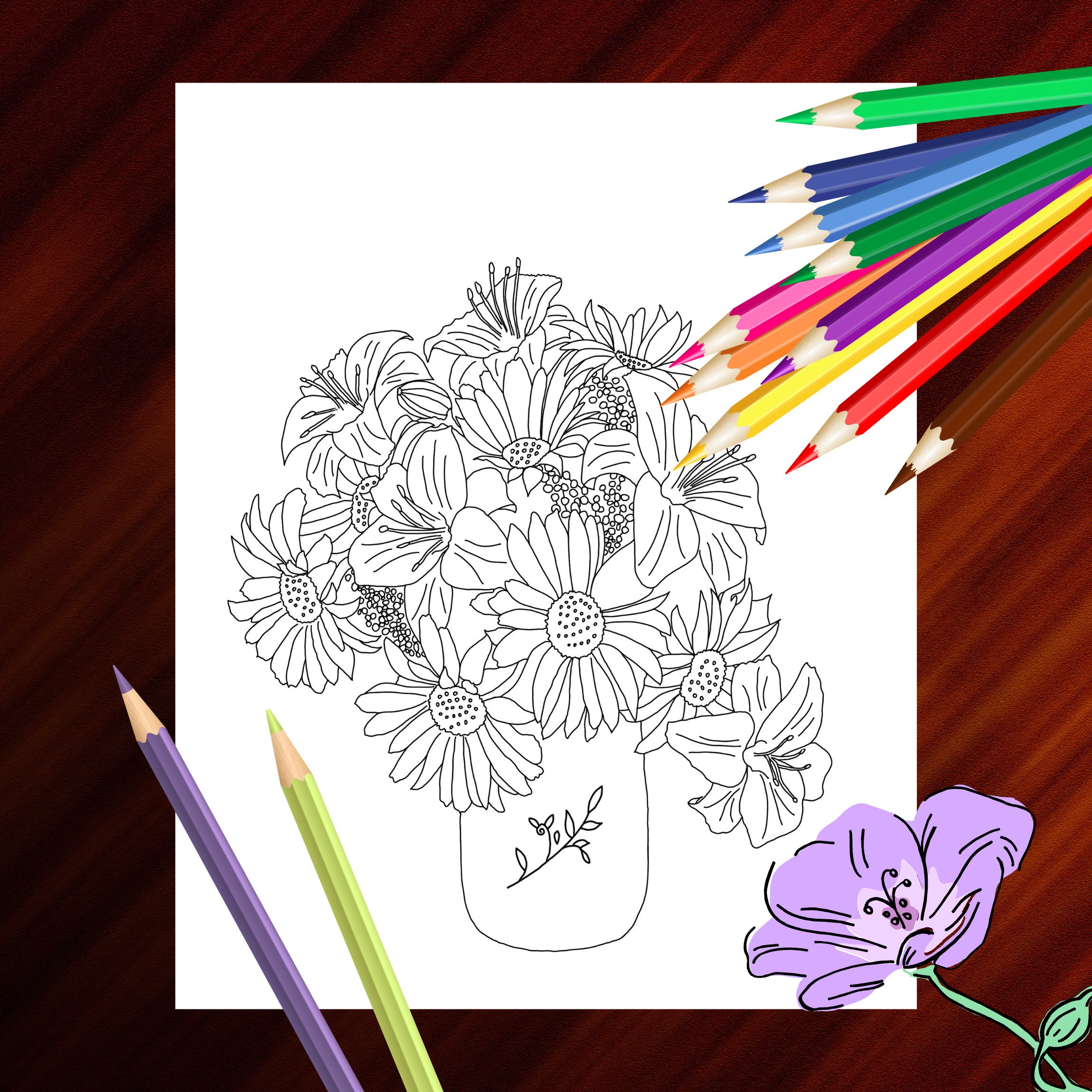Beautiful Flowers Printable Coloring Book: Stress Relief & Recharge ...