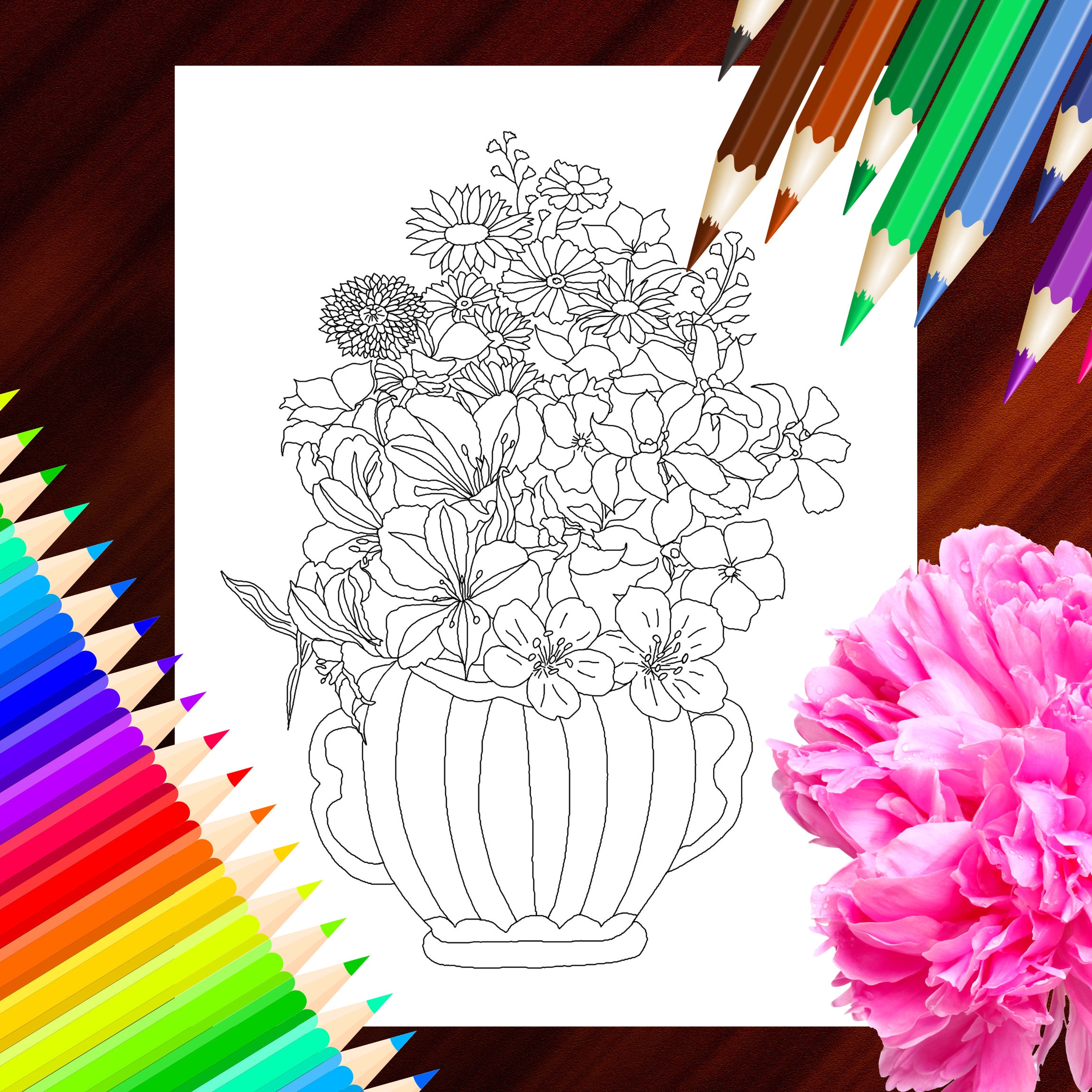 Beautiful Flowers Printable Coloring Book: Stress Relief & Recharge ...