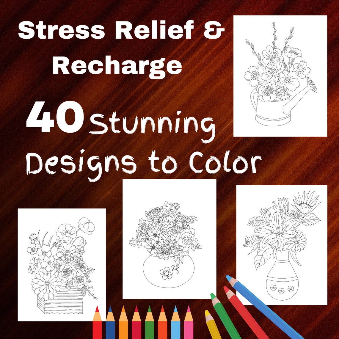 Beautiful Flowers Printable Coloring Book: Stress Relief & Recharge ...