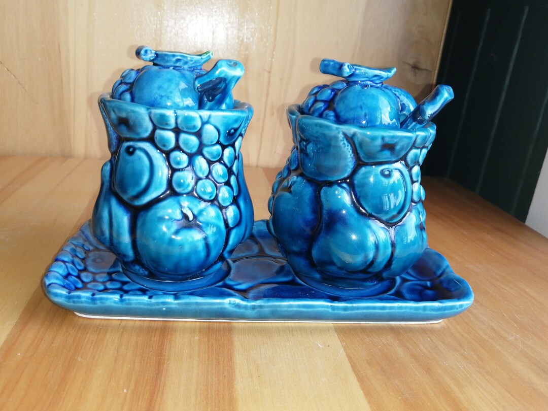 Vintage Japanese 2 Condiment Jelly Fruit Jars Mood Indigo Blue Ceramic ...