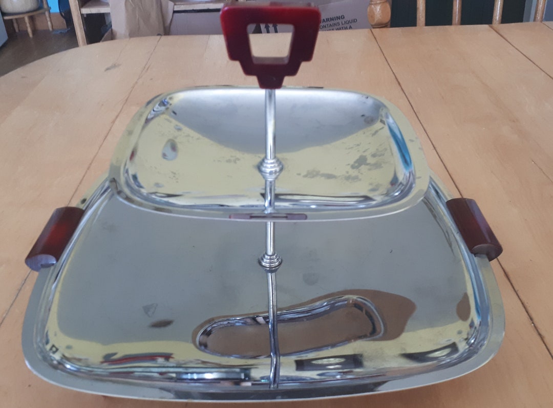 2-tier Service Tray in Chromed Metal and Wine Red Bakelite Handles - Etsy