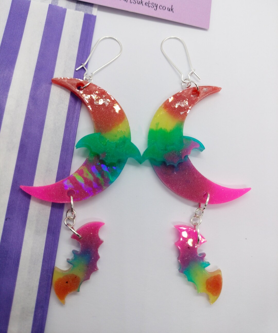 Holographic Resin Earrings, Moon and Bats, Goth Earrings, Spooky ...