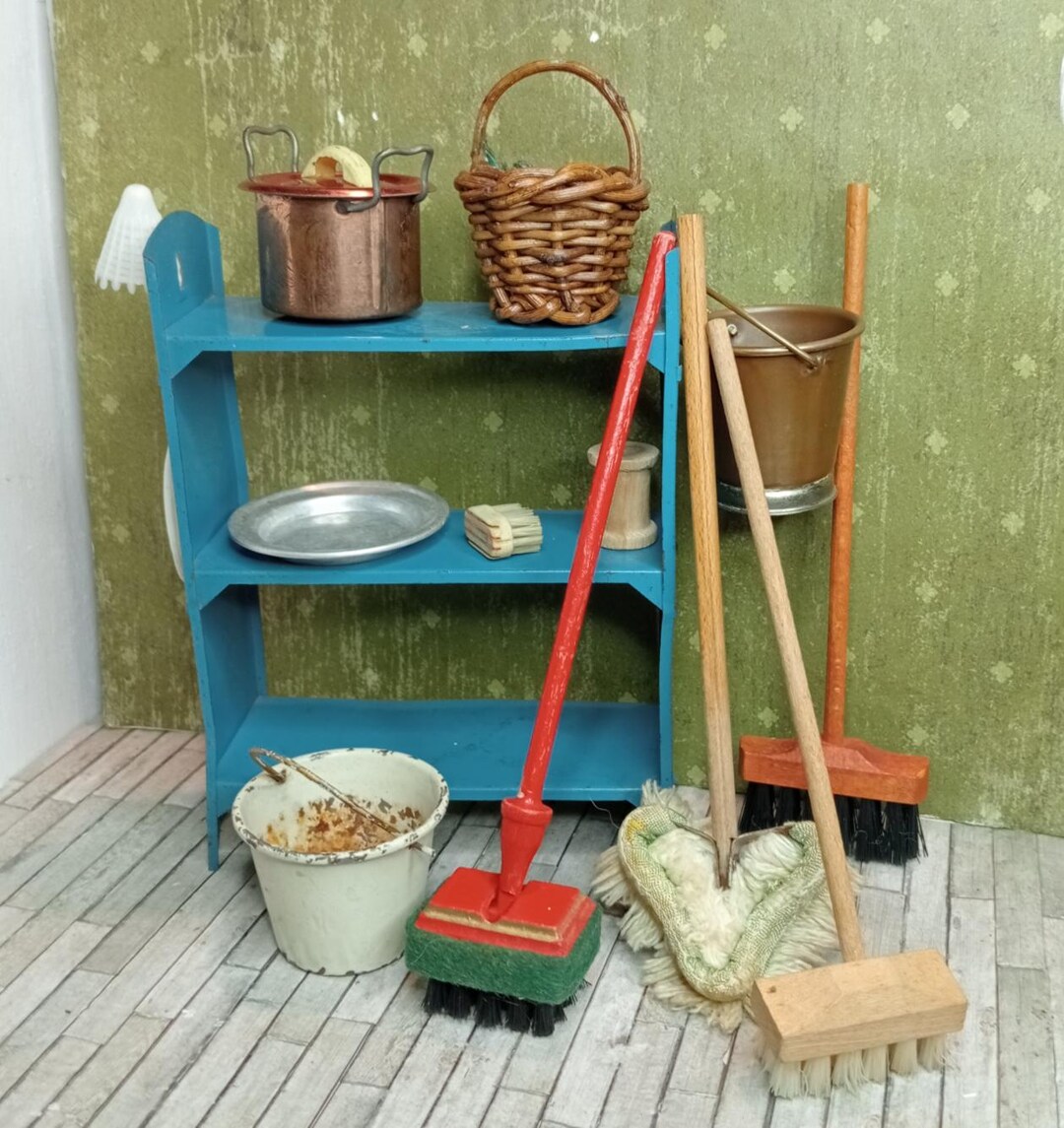Antique Blue Storage Tin Plate Shelf Kibri? Dolls Cleaning Set Broom ...