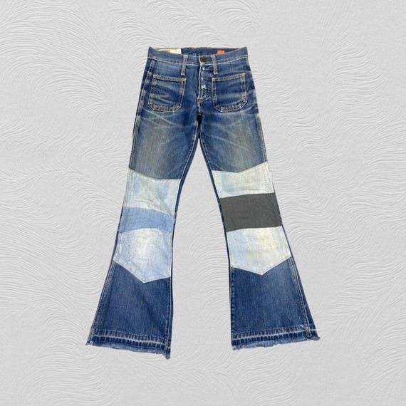 26x29 Patched Blue Vintage Big John Flare Jeans Denim… - Gem