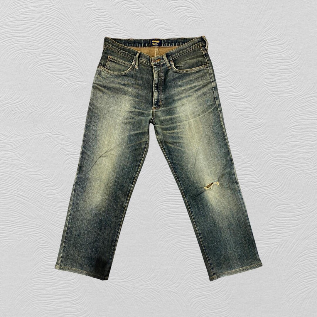 34x25.5 Earth Tone Vintage Wrangler Denim Blue Distressed Denim Faded ...