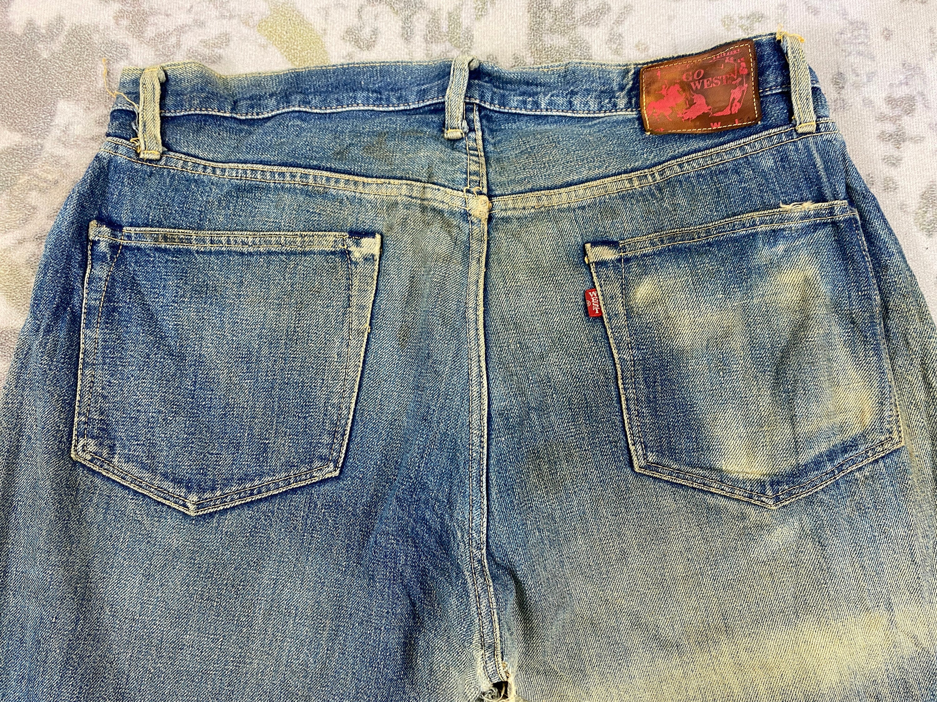 Size 34x34.5 Selvedge Distressed Dirty Blue Vintage Go West Jeans Denim ...