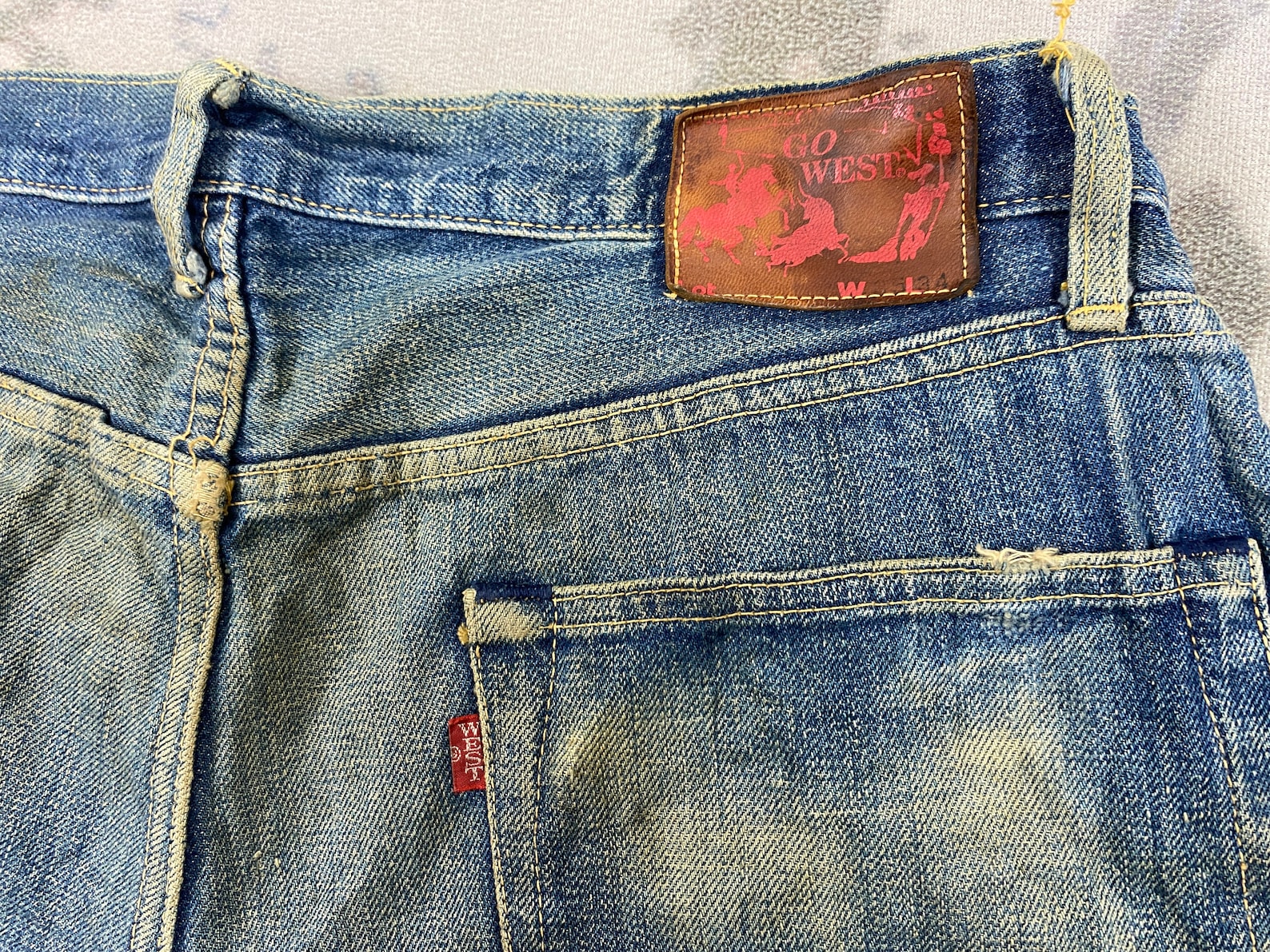 Size 34x34.5 Selvedge Distressed Dirty Blue Vintage Go West Jeans Denim ...