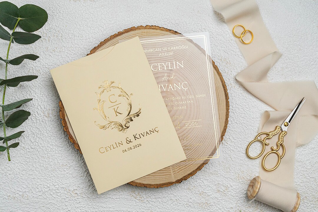 Gold Foil Clear Acrylic Wedding Invitation: Cream Sleeve, Monogram - Etsy