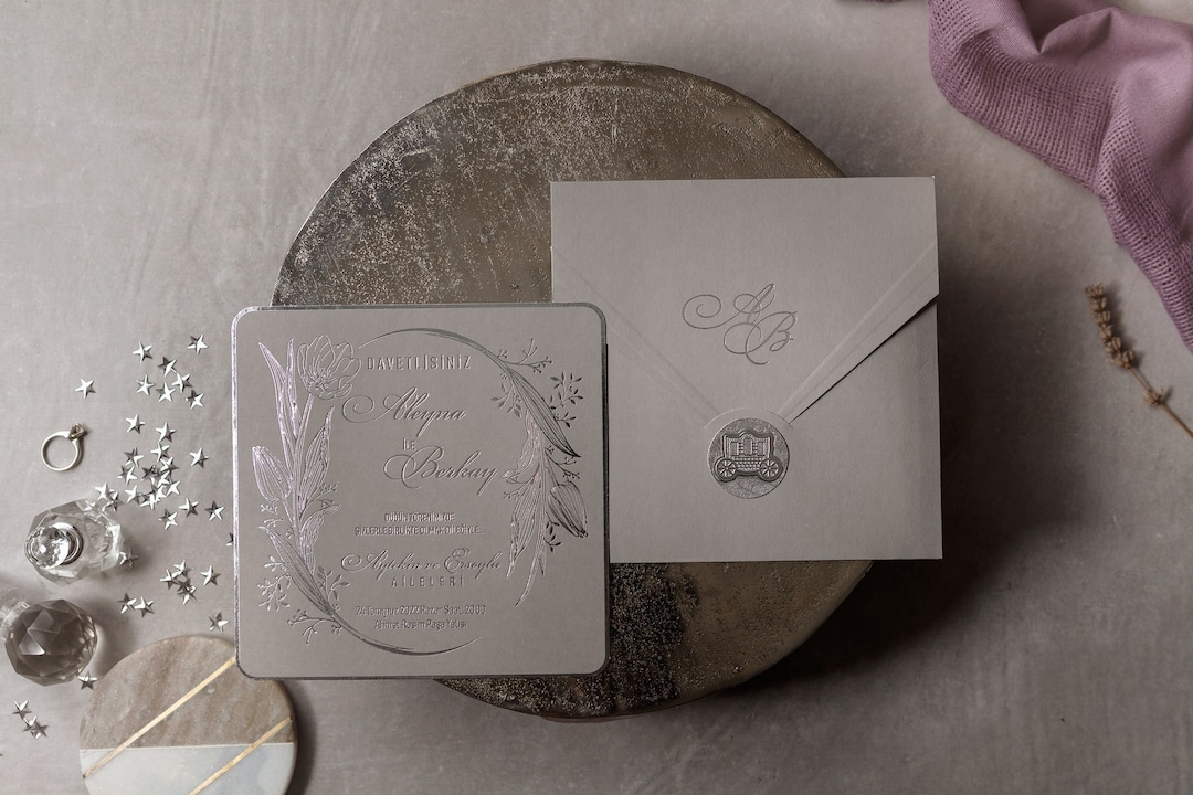 Silver Foil Wedding Invitation and Silver Leaf Flower Detail Embossed ...