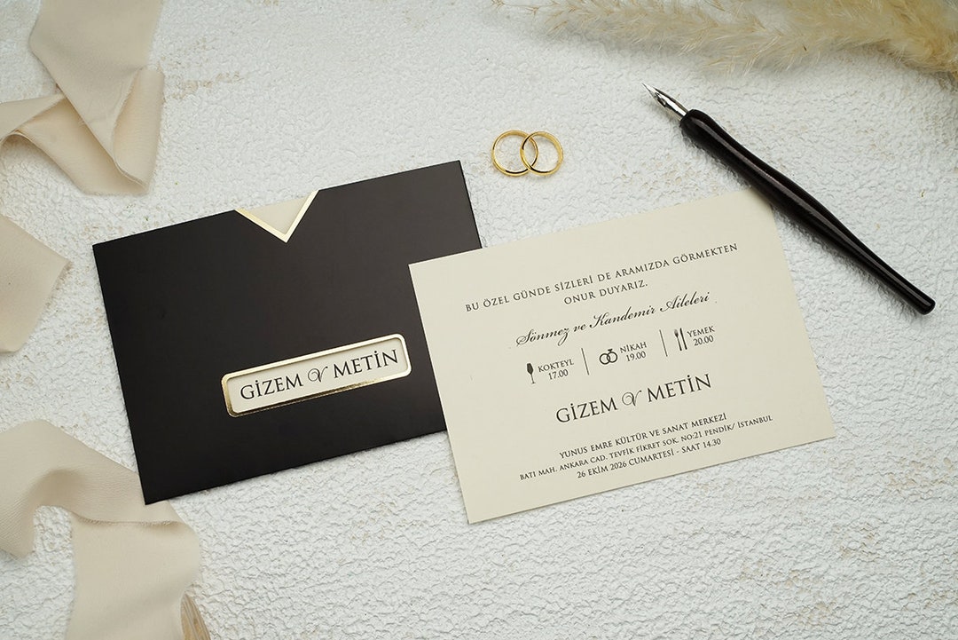 Cream Modern Wedding Invitation Card and Gold Foil Black Sleeve ...