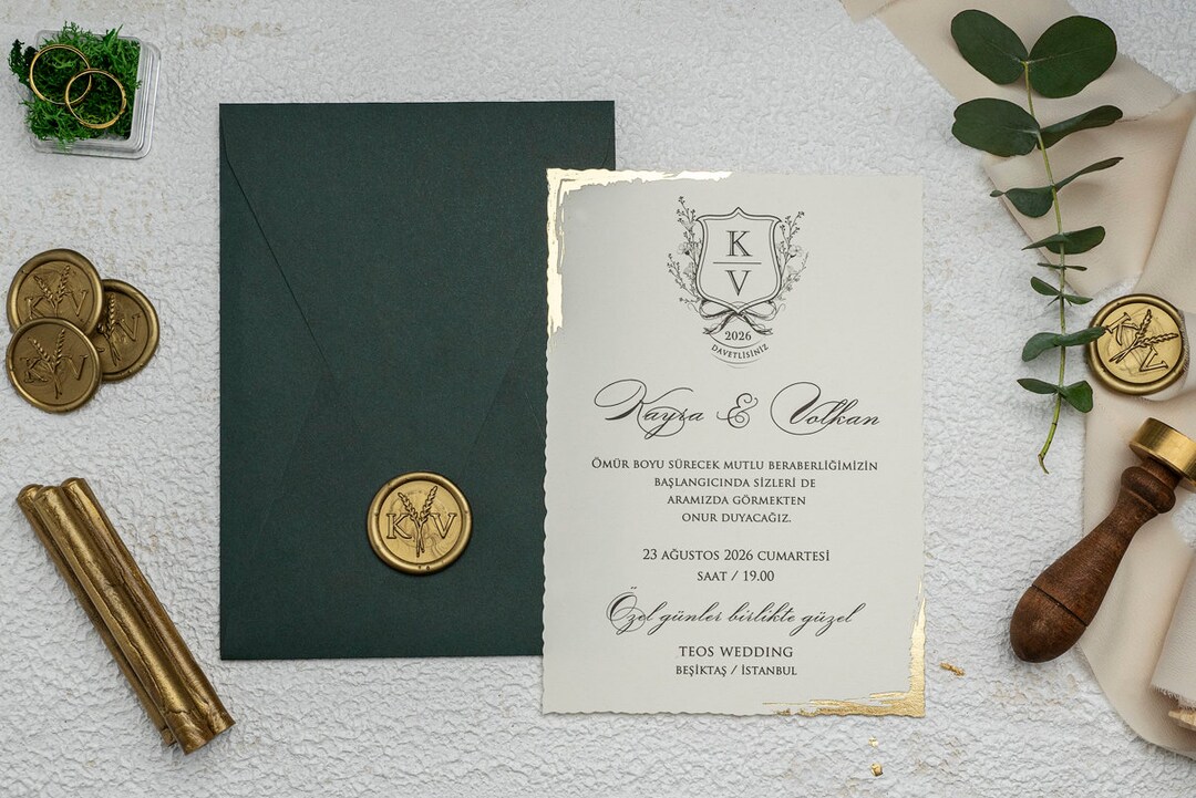 Gold Foil Framed Ivory Modern Wedding Invitation Card and Green Khaki ...