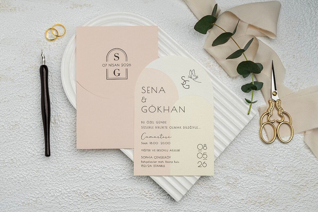 Oval Curved Arched Tricolor Neutral Toned Wedding Invitation Card With ...