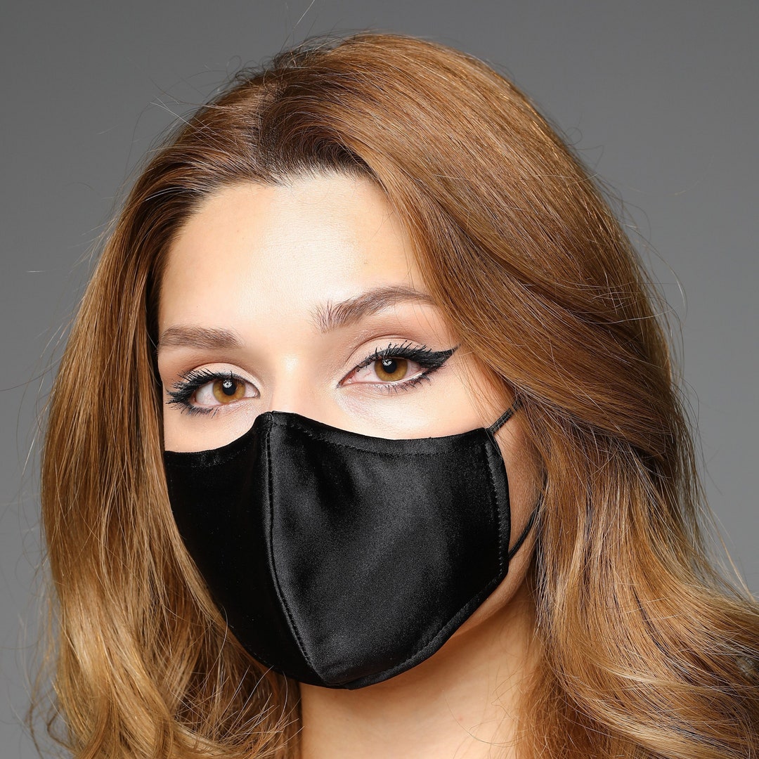 Black Formal Satin Silk Face Mask With Nose Wire - Filter Pocket ...