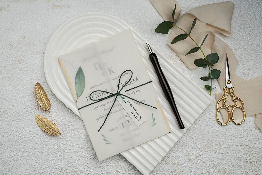 White Translucent Vellum Paper Coated Green Leaves Pattern Wedding ...