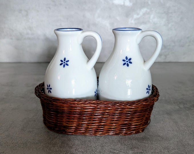 Blue and White Ceramic Oil and Vinegar Cruets Small Pitcher Serving ...