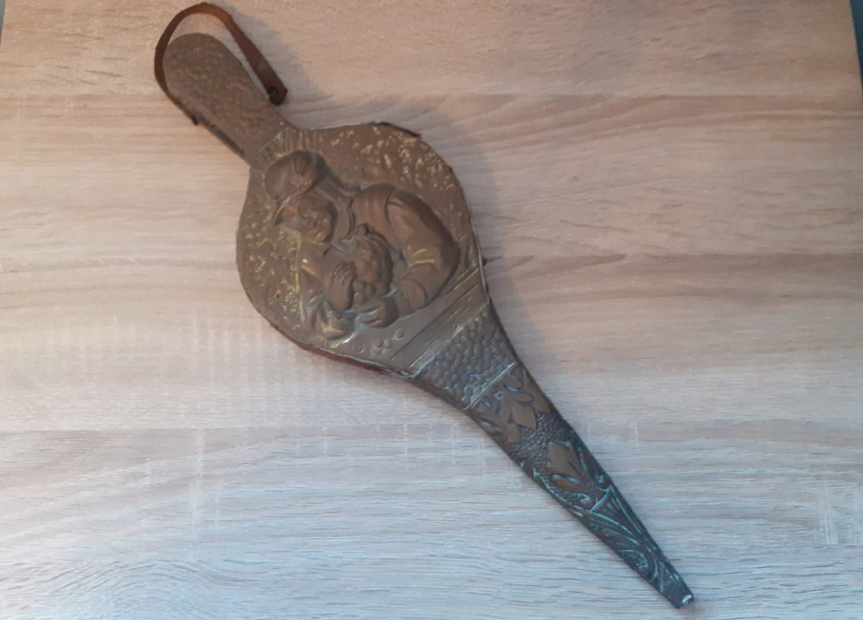 Antique Rare Fireplace Bellows. Brass Relief Over Wood and Leather ...