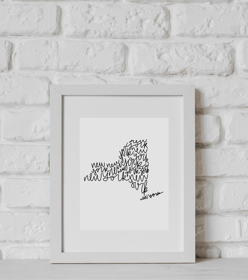 New York State Cursive Lettered Print State Silhouette Collection, NY ...