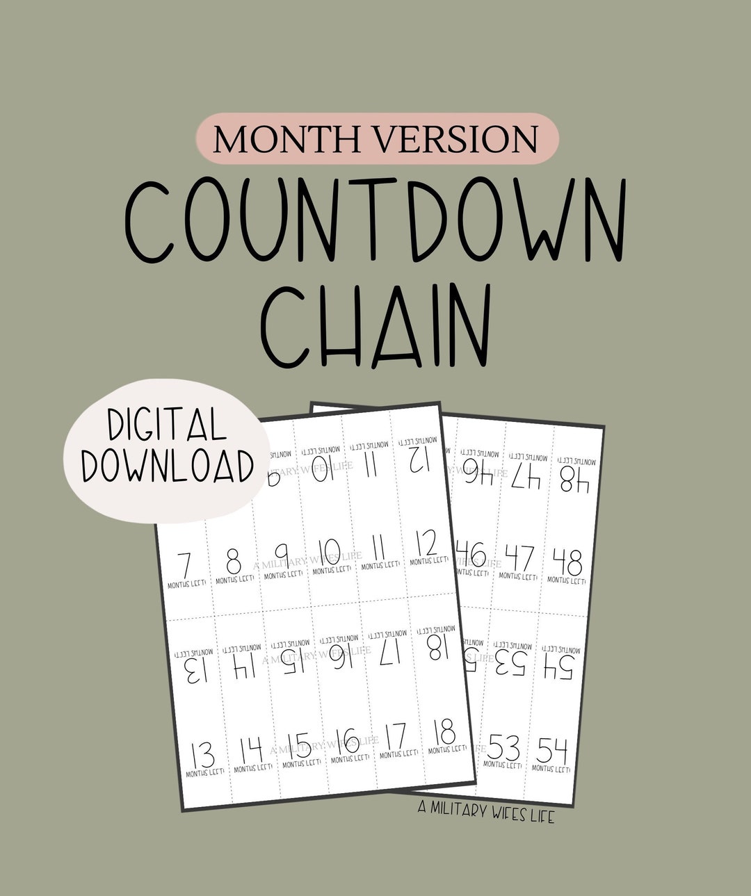 Monthly Countdown Chain Printable Digital Download - Numbered Four Year Chains, Military ...