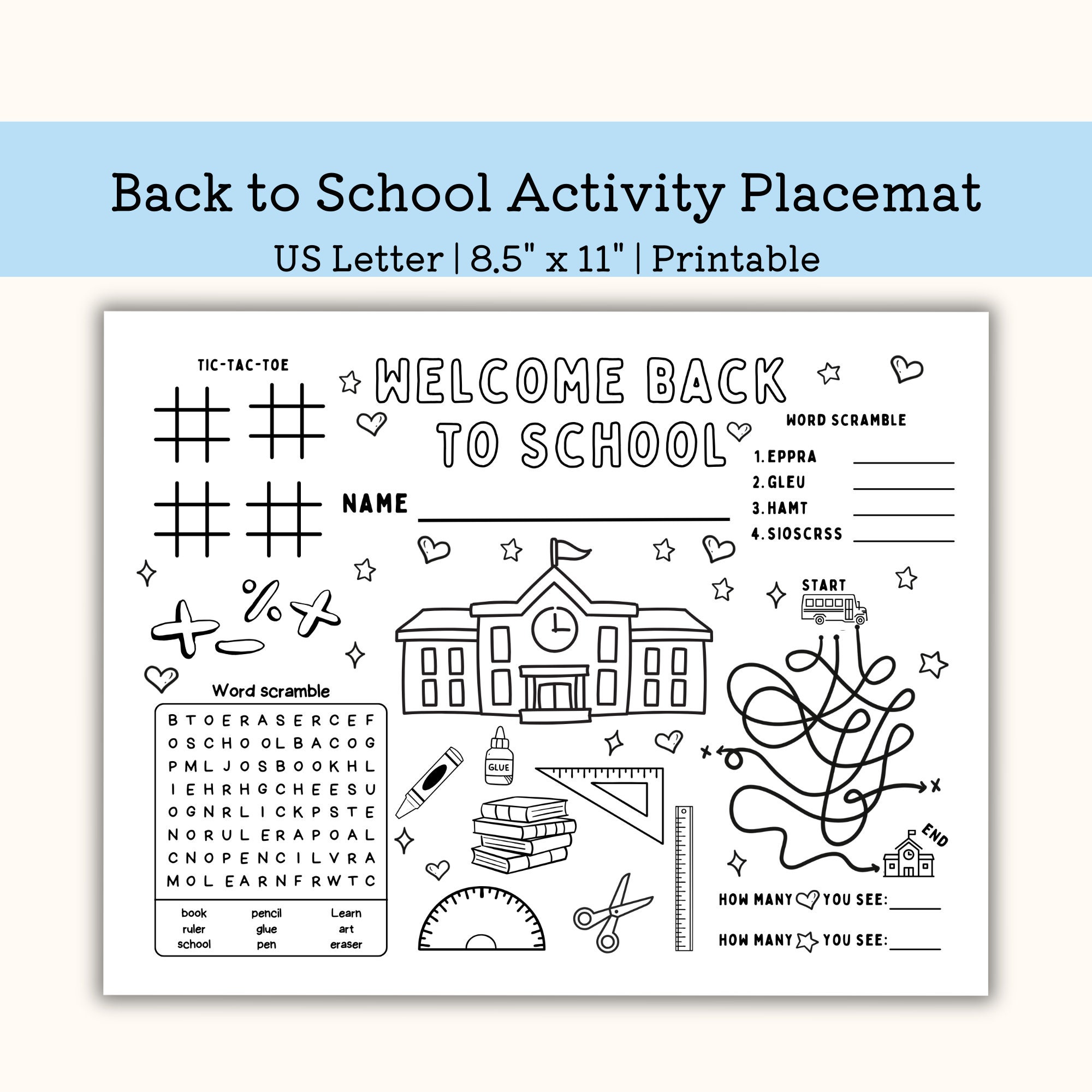 Printable Welcome Back to School Activity Placemat, Kindergarten ...