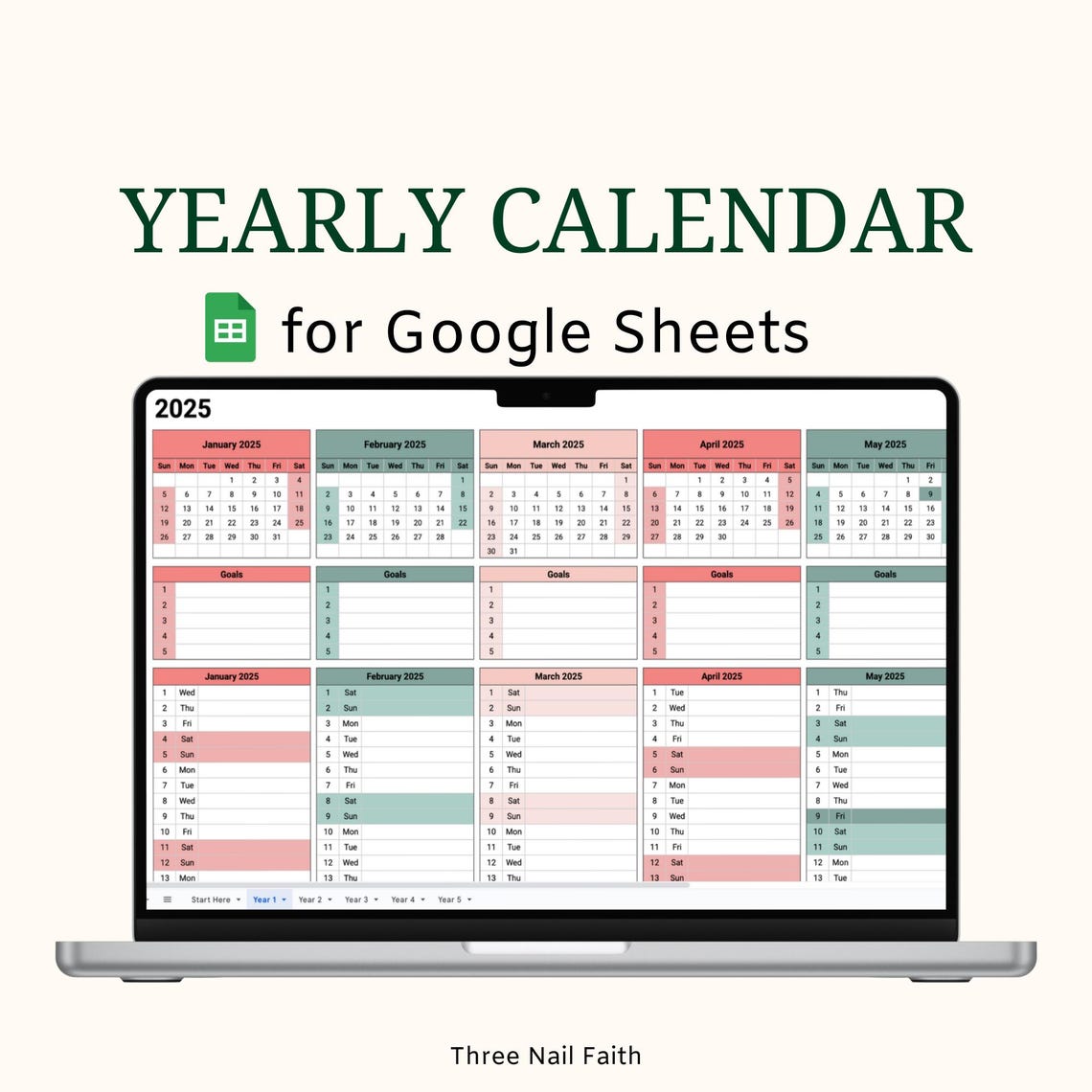 Simple Yearly Calendar Spreadsheet, Boho, Perpetual Calendar for Google ...