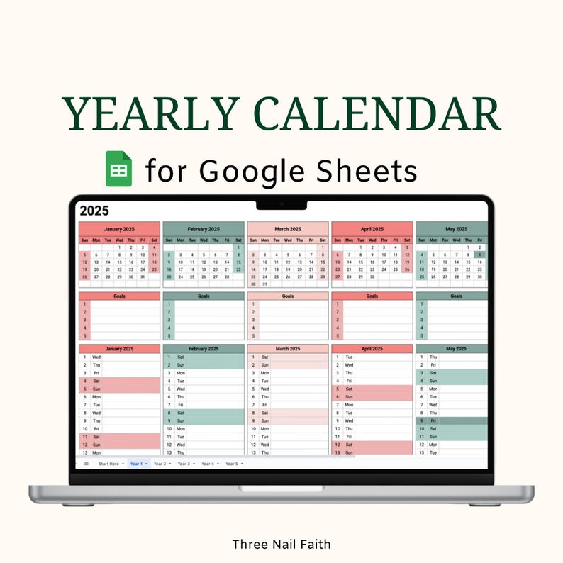Simple Yearly Calendar Spreadsheet, Boho, Perpetual Calendar for Google ...