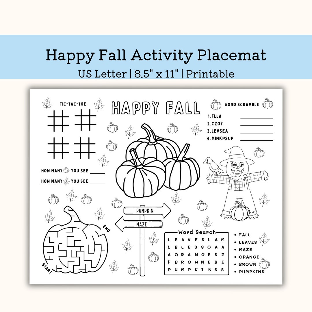 Printable Happy Fall Activity Placemat, Kindergarten Worksheet, Toddler ...