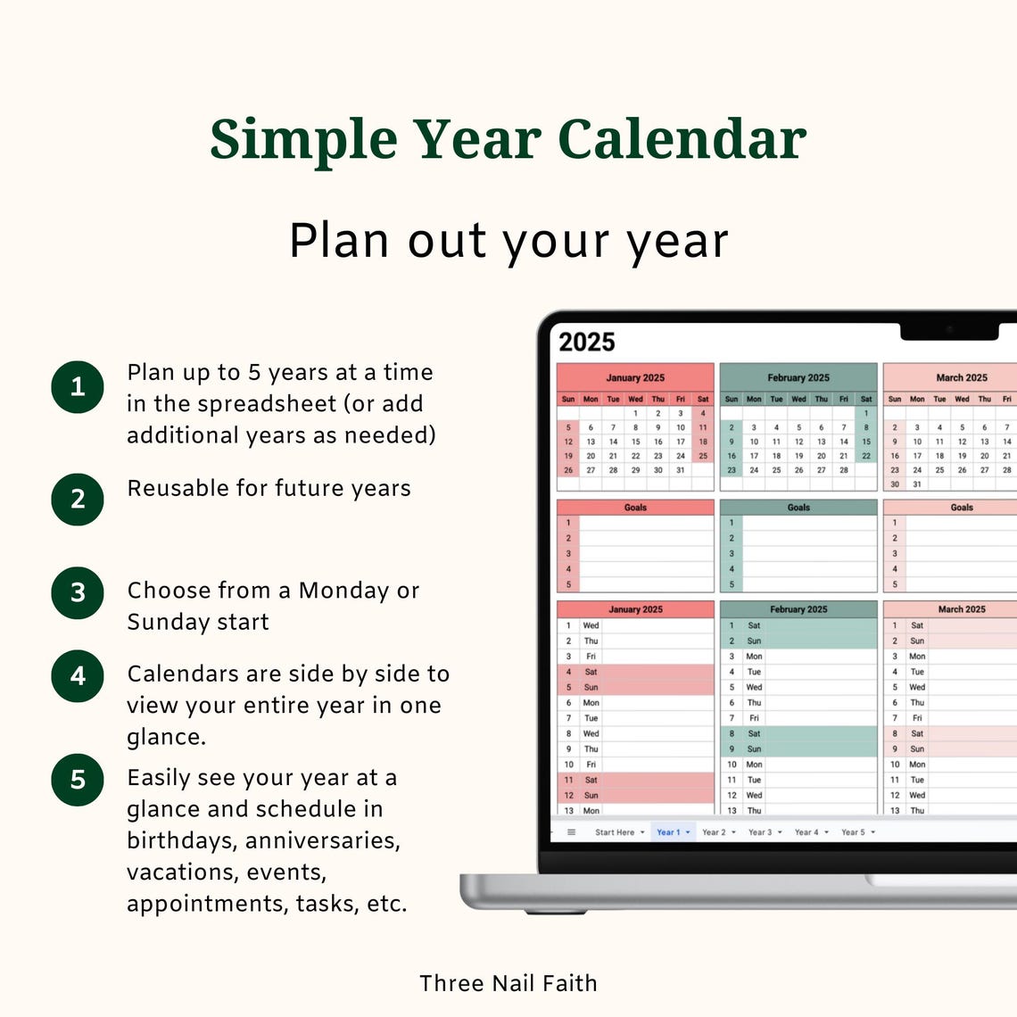 Simple Yearly Calendar Spreadsheet, Boho, Perpetual Calendar for Google ...