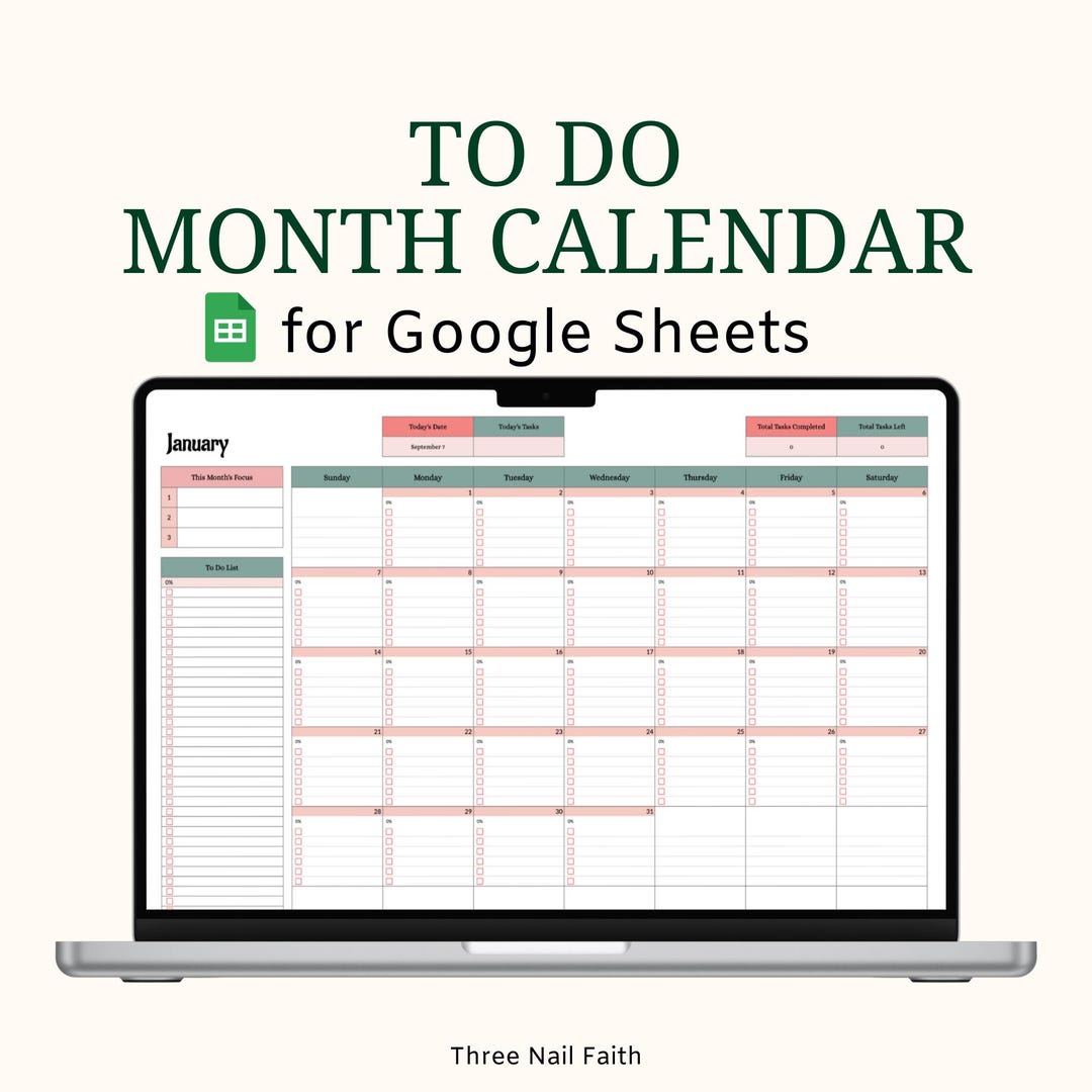 To Do Month Calendar Spreadsheet, Google Sheets, Task Calendar - Etsy