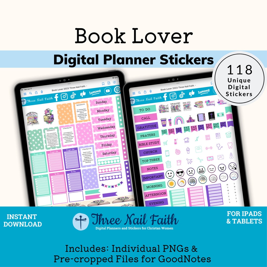 Book Lover Digital Planner Sticker Set, Stacked Book, Reading, Faith ...