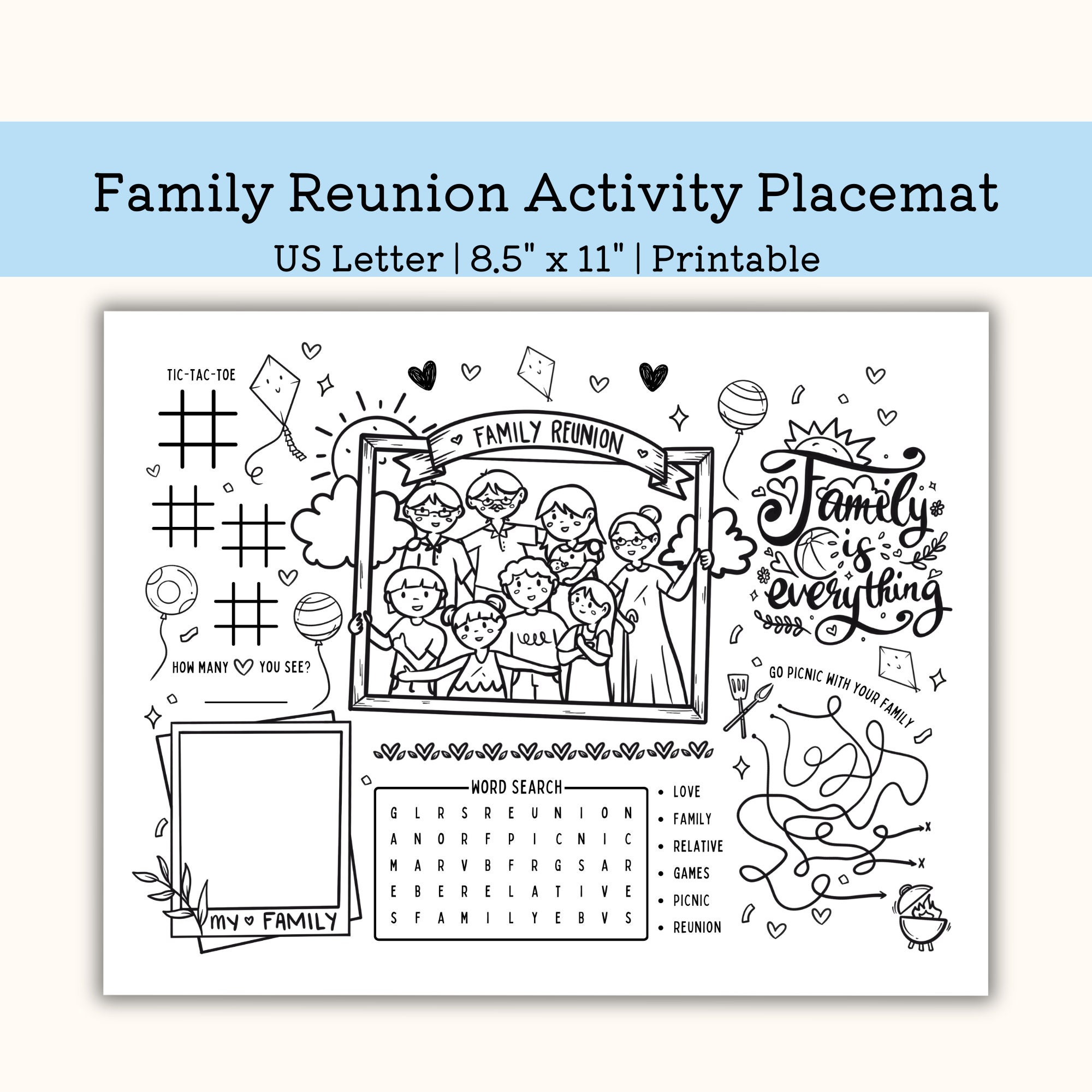 Printable Family Reunion Activity Placemat, Kindergarten Worksheet ...