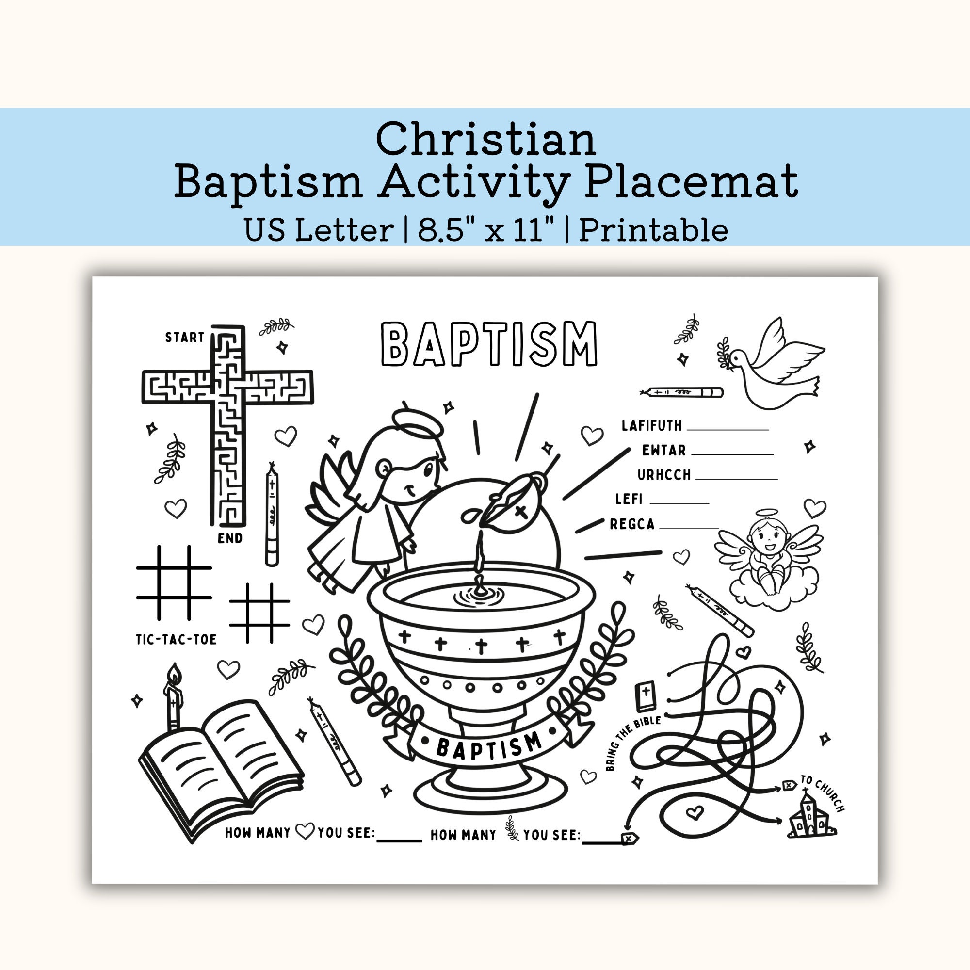 Printable Baptism Activity Placemat, Kindergarten Worksheet, Toddler ...