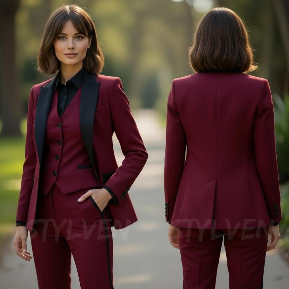 Women Burgundy 3 Piece Suit – Dapper Ladies Bussiness & Formalwear ...
