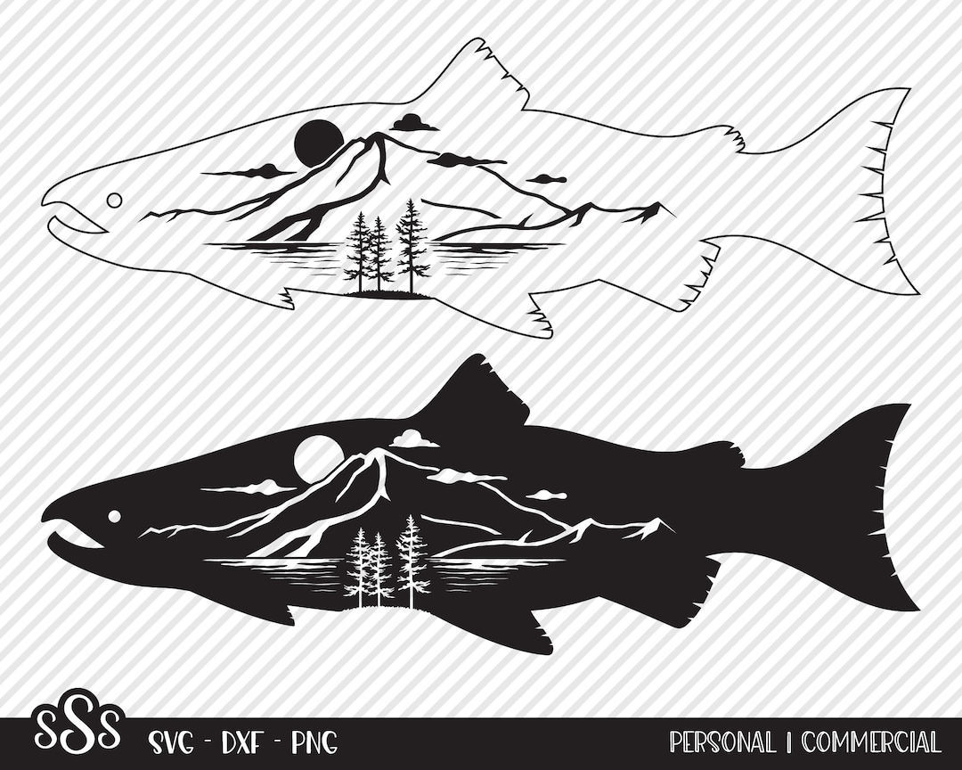 Salmon Bundle SVG, Cut File, Outdoor Fish Design, Mountains, Summer Sun ...