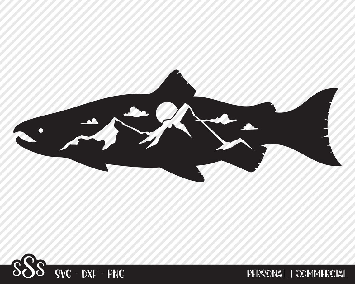 Salmon Fishing SVG, Cut File, Outdoor Fish Design, Mountains, Summer ...