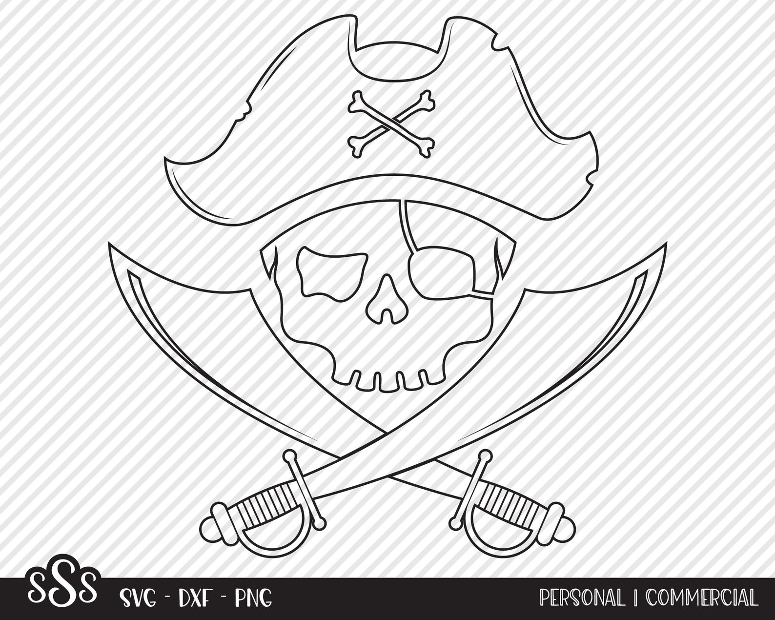 Pirate Skull & Crossed Swords Outline SVG, Cut File, Summer Shirt ...