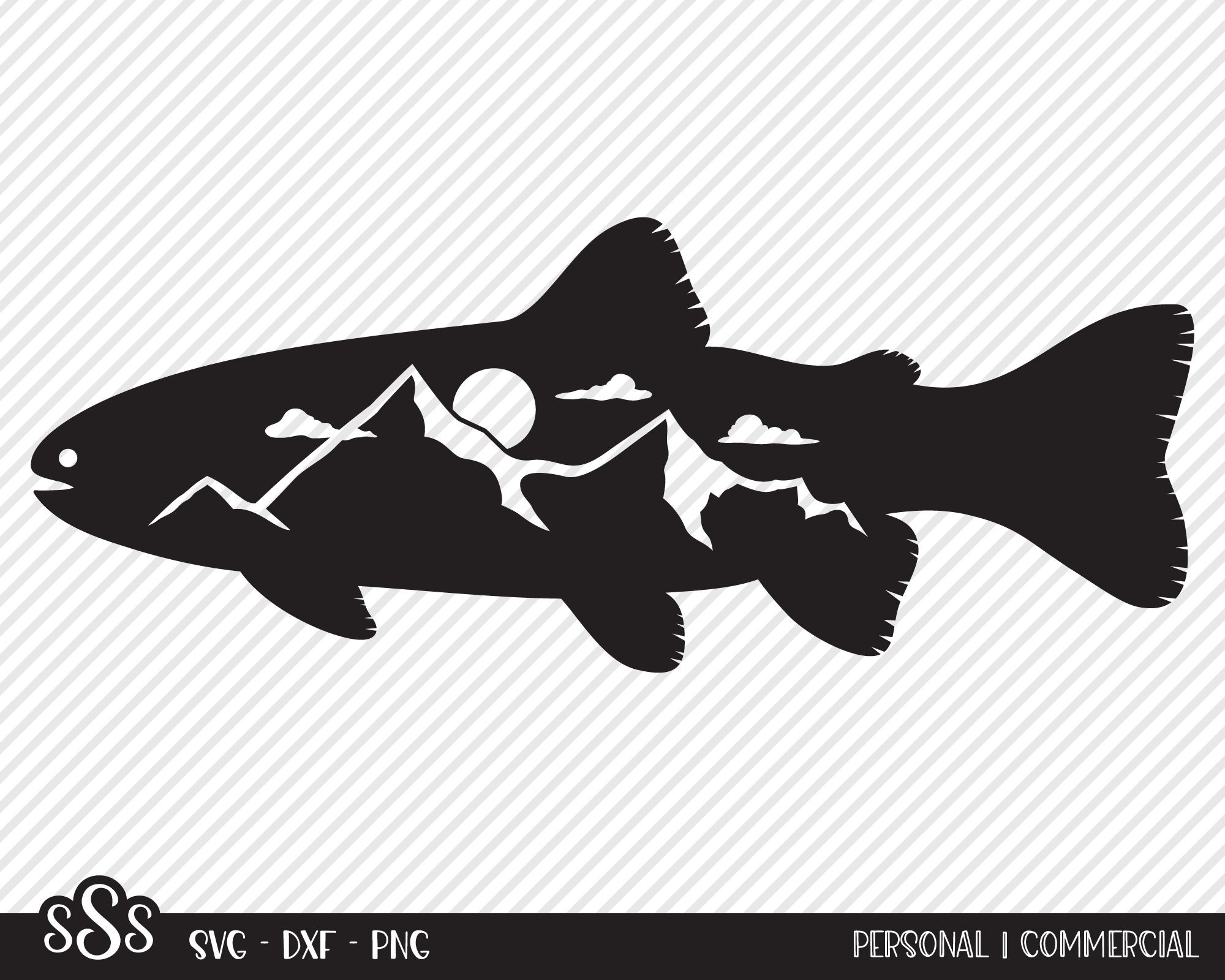 Trout Fishing SVG, Cut File, Outdoor Fish Design, Mountains, Summer Sun ...