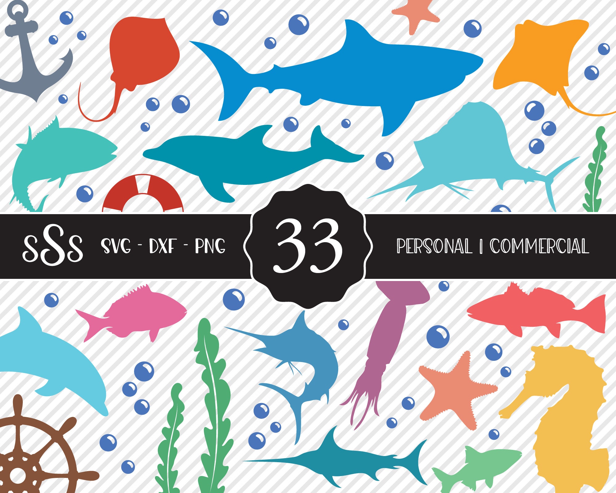 Deep Sea Fish Super Bundle SVG, Cut File, Fishing Design Elements, Cute ...