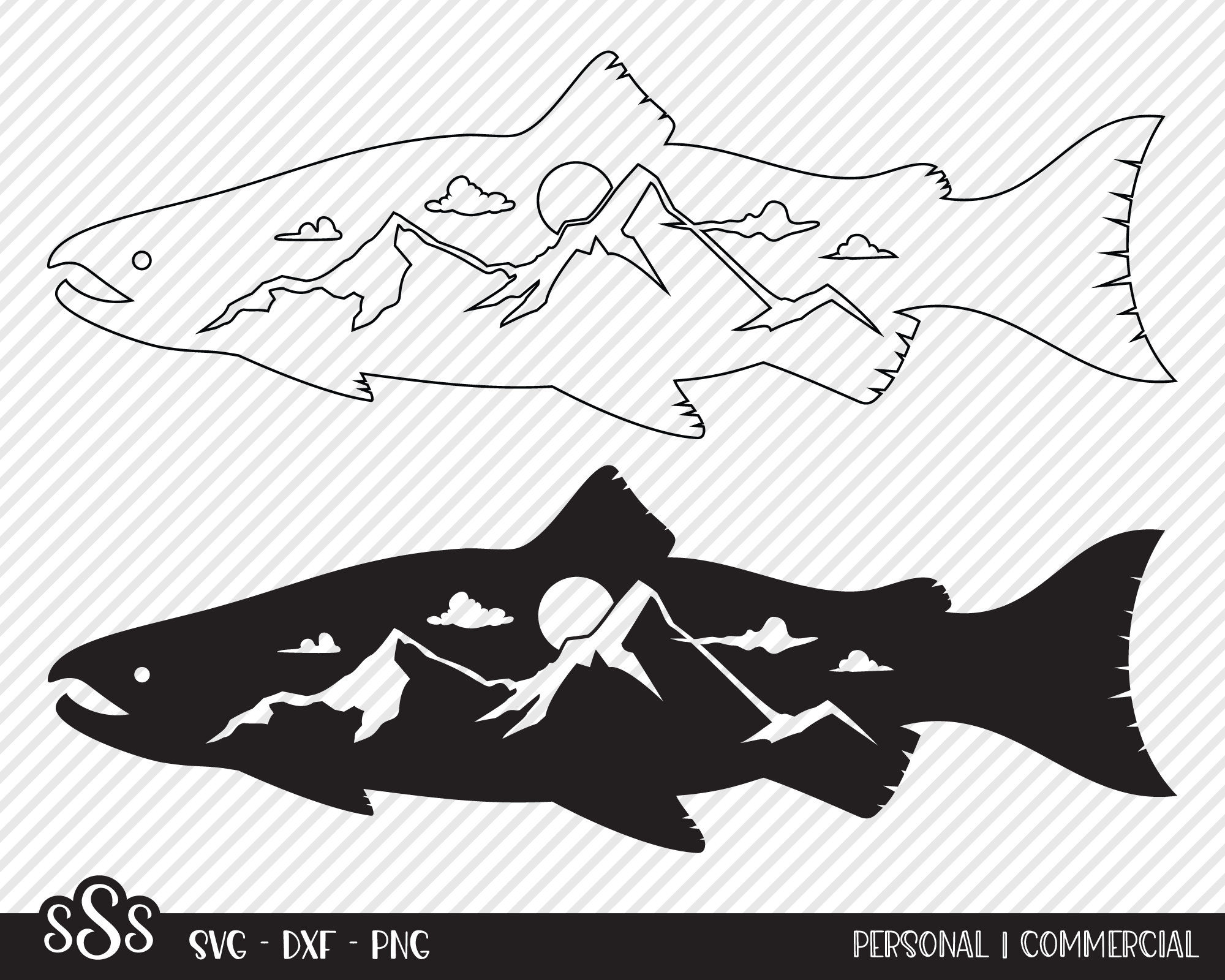 Salmon Bundle SVG, Cut File, Outdoor Fish Design, Mountains, Summer Sun ...