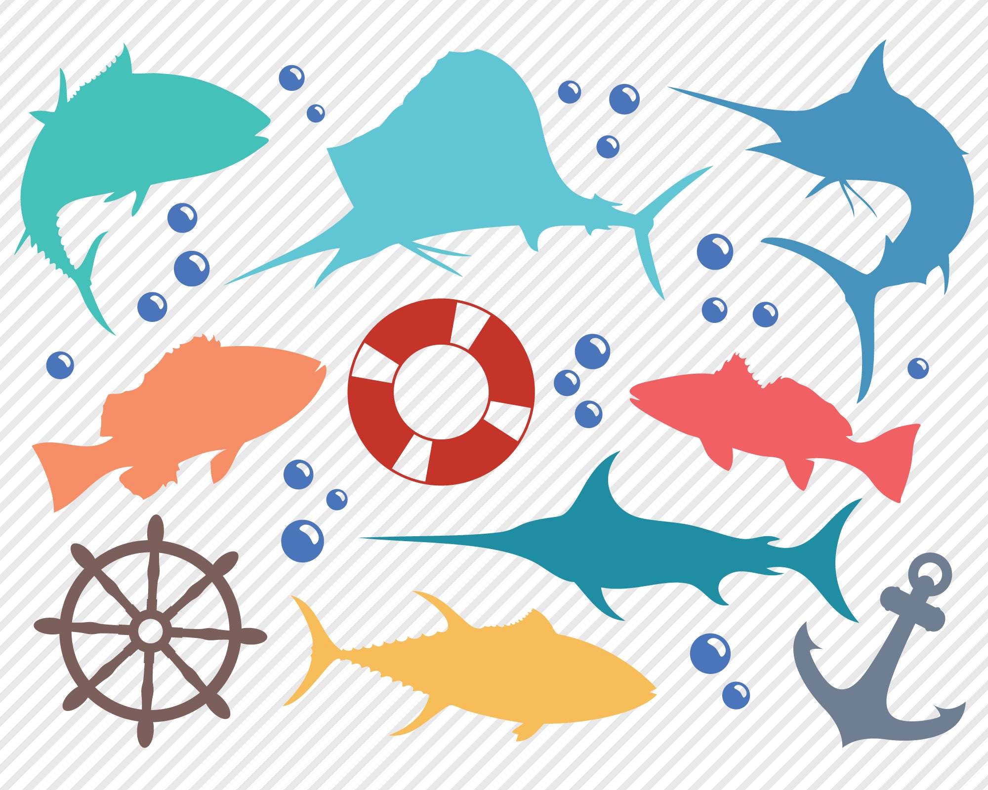 Deep Sea Fish Super Bundle SVG, Cut File, Fishing Design Elements, Cute ...