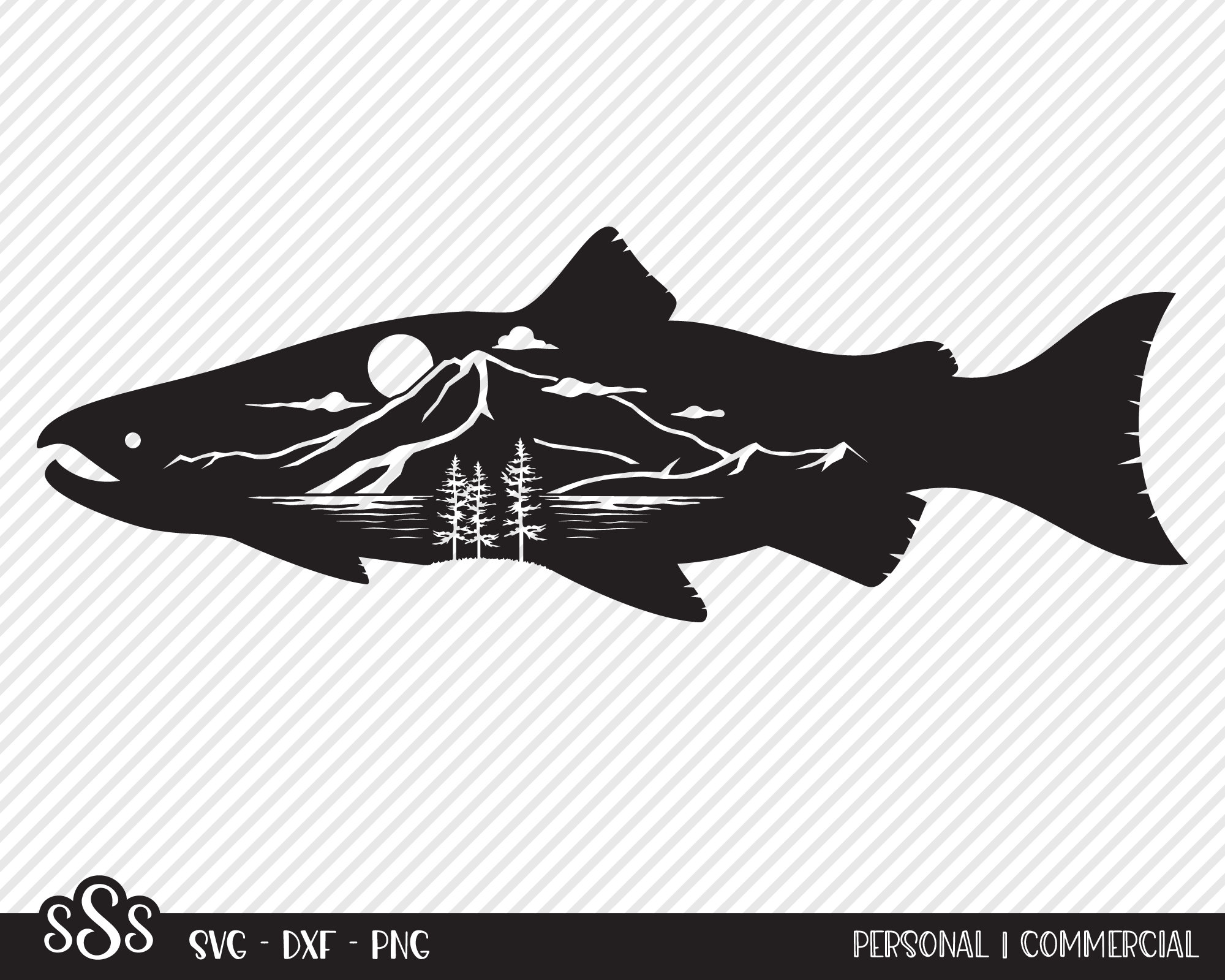 Salmon Fishing SVG, Cut File, Outdoor Fish Design, Mountains, Summer ...