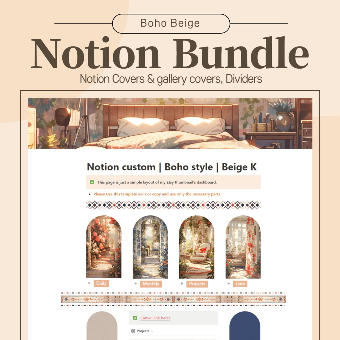 Notion Custom Bundle, Boho Beige, Includes Notion Covers, Dividers, Gallery Covers, Illustration ...