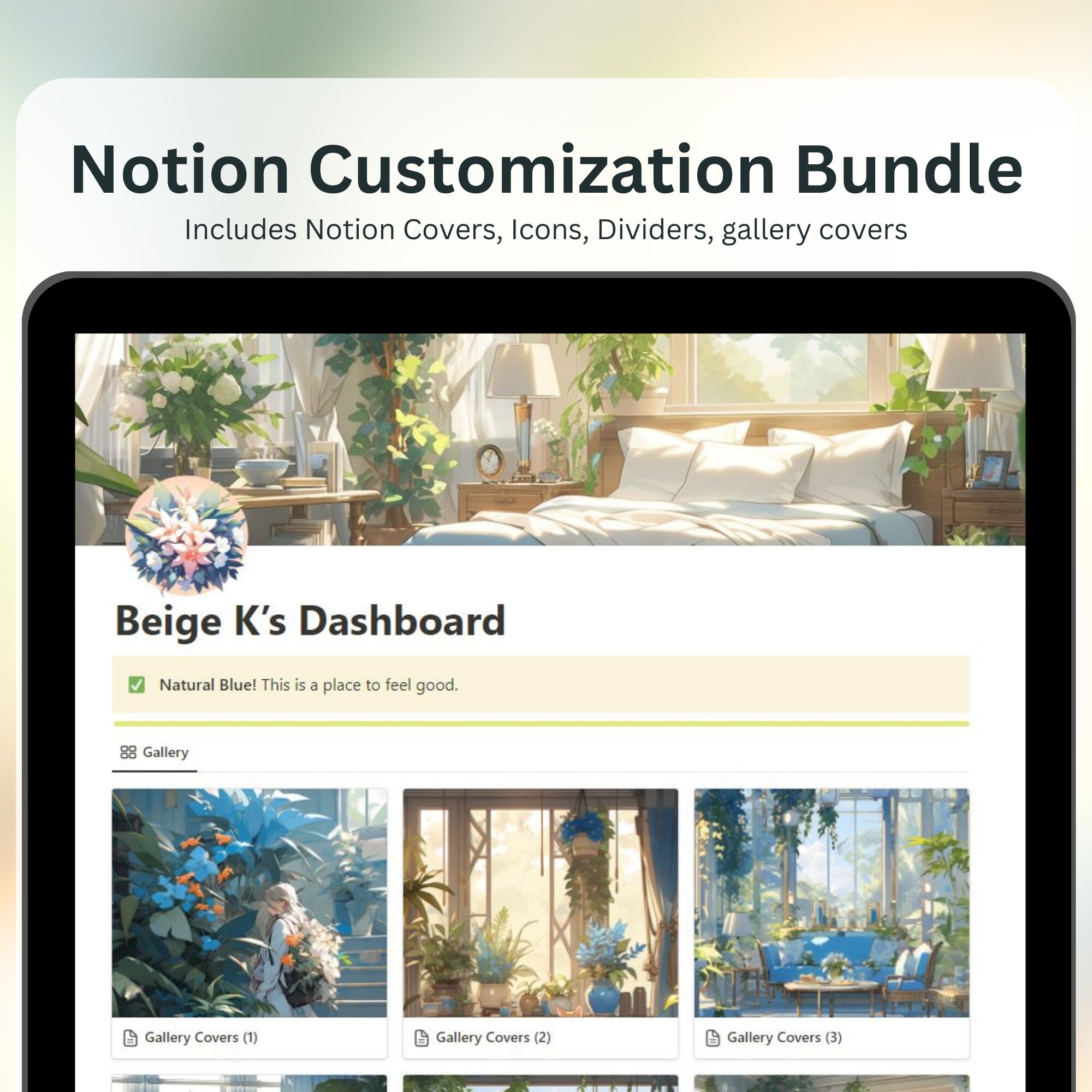 Notion Customization Bundle, Natural Blue, Includes Notion Covers, Icons, Dividers, Gallery ...