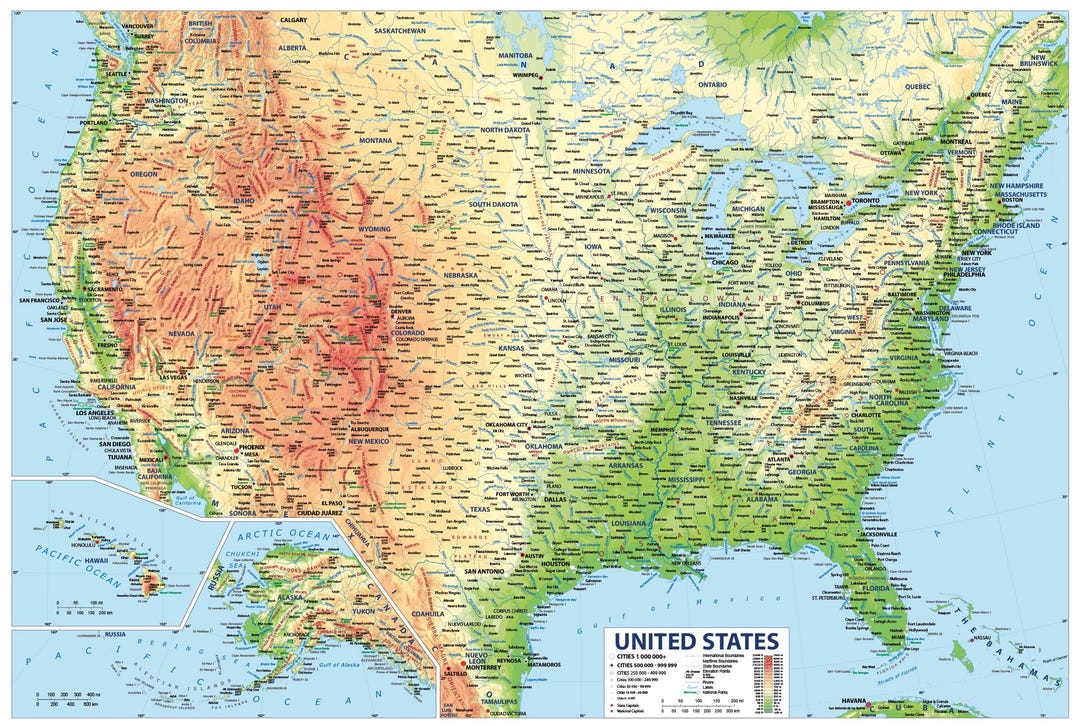 US Physical Map (PDF) - Etsy