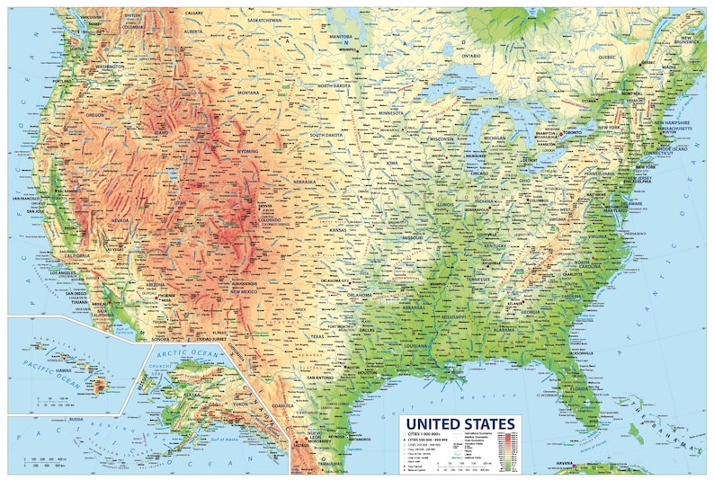 US Physical Map (PDF) - Etsy